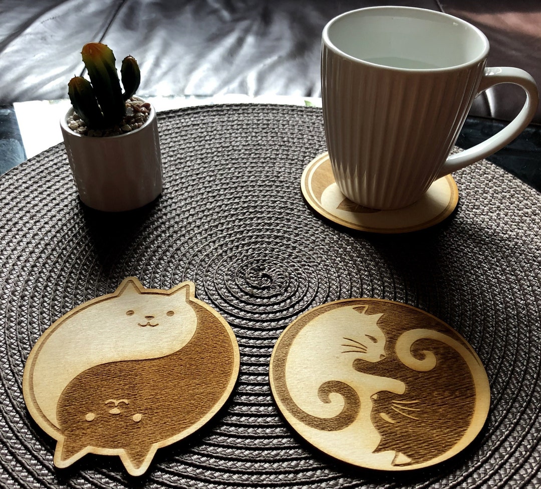 Personalized WOODEN CAT COASTERS Set 8pcs., Cute Drink Coaster, Cat ...