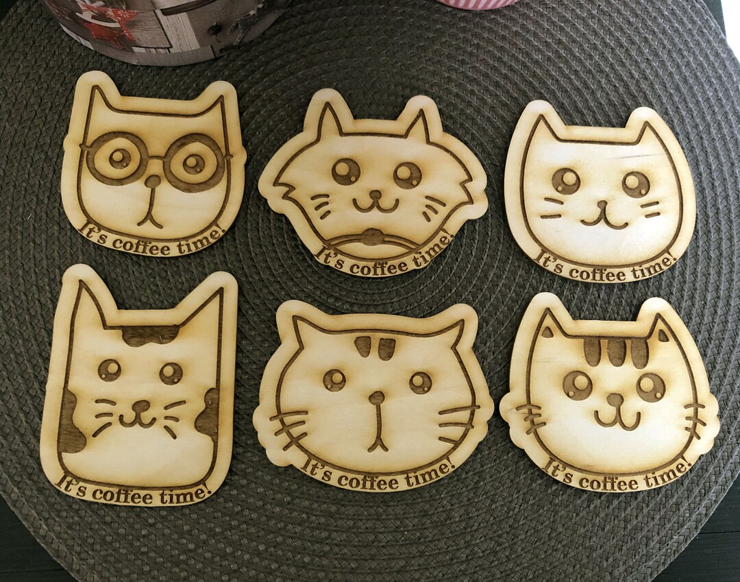 Wooden CUTE CAT COASTERS Set of 6, Custom Coaster Set, Laser Engraved ...