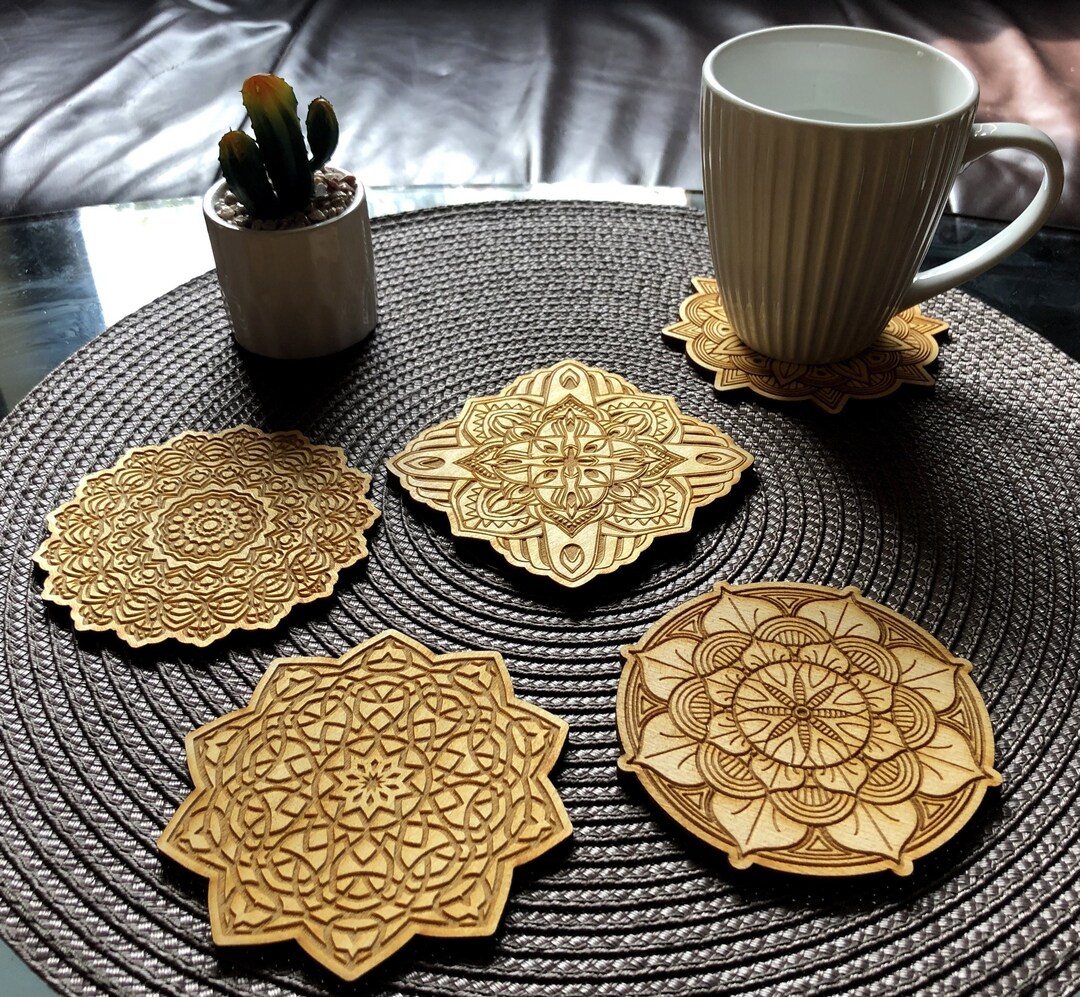 Set of 8 WOODEN MANDALA ART Coasters, Laser Engraved Coaster ...