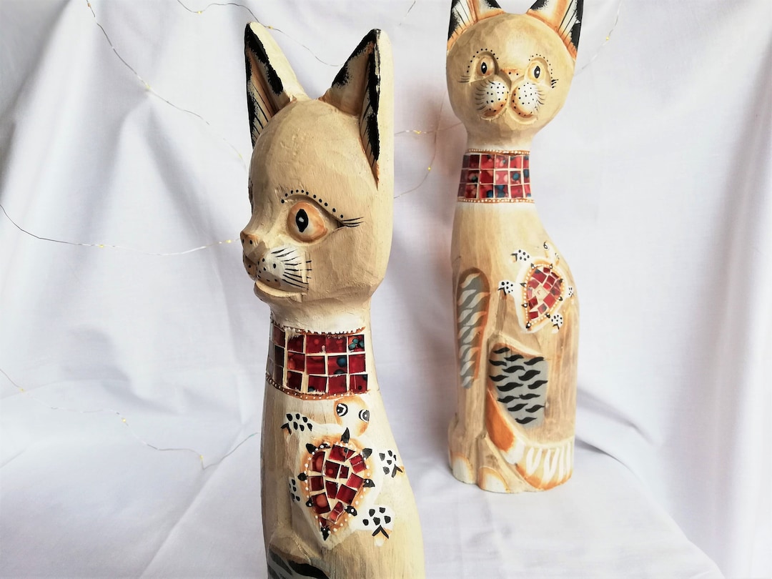 Wooden Cat Statue, Handmade Cat Home Decor Sculpture, Wood Carved Cat ...