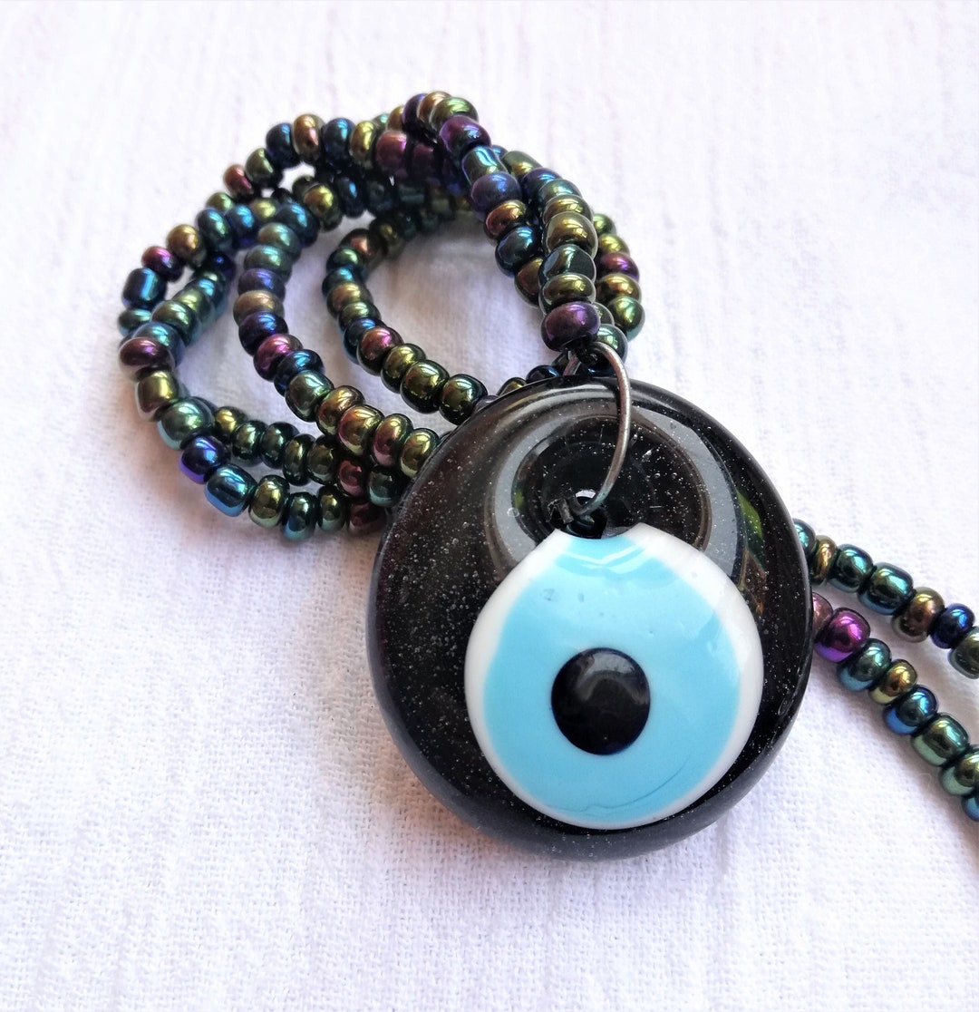 Evil Eye Necklace, Black Glass Evil Eye Pendant, Seed Bead Choker, Nazar Charm, Dark Evil Eye ...