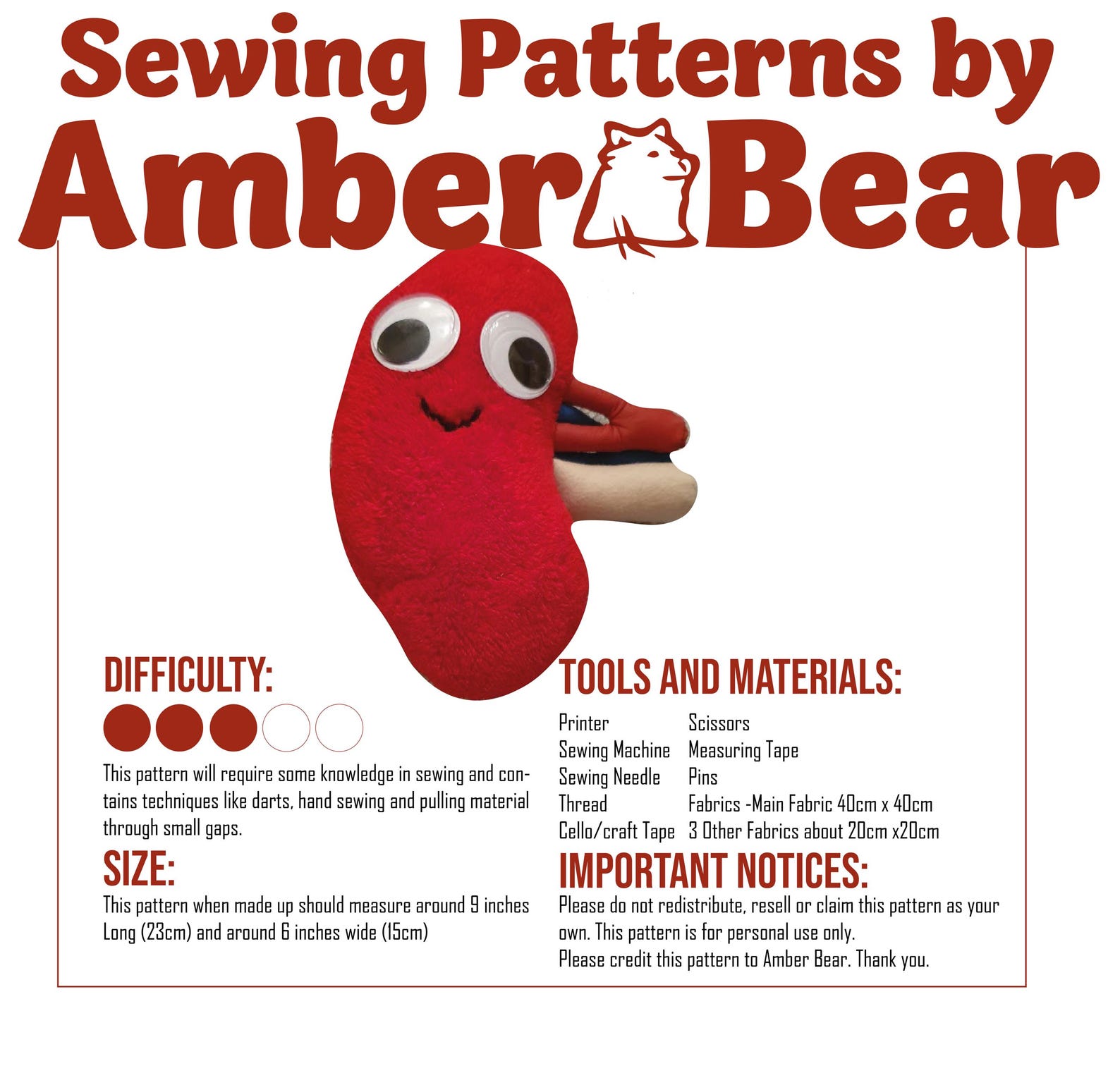 Kidney Sewing Pattern PDF Digital Download ONLY Tutorial DIY Stuffed ...