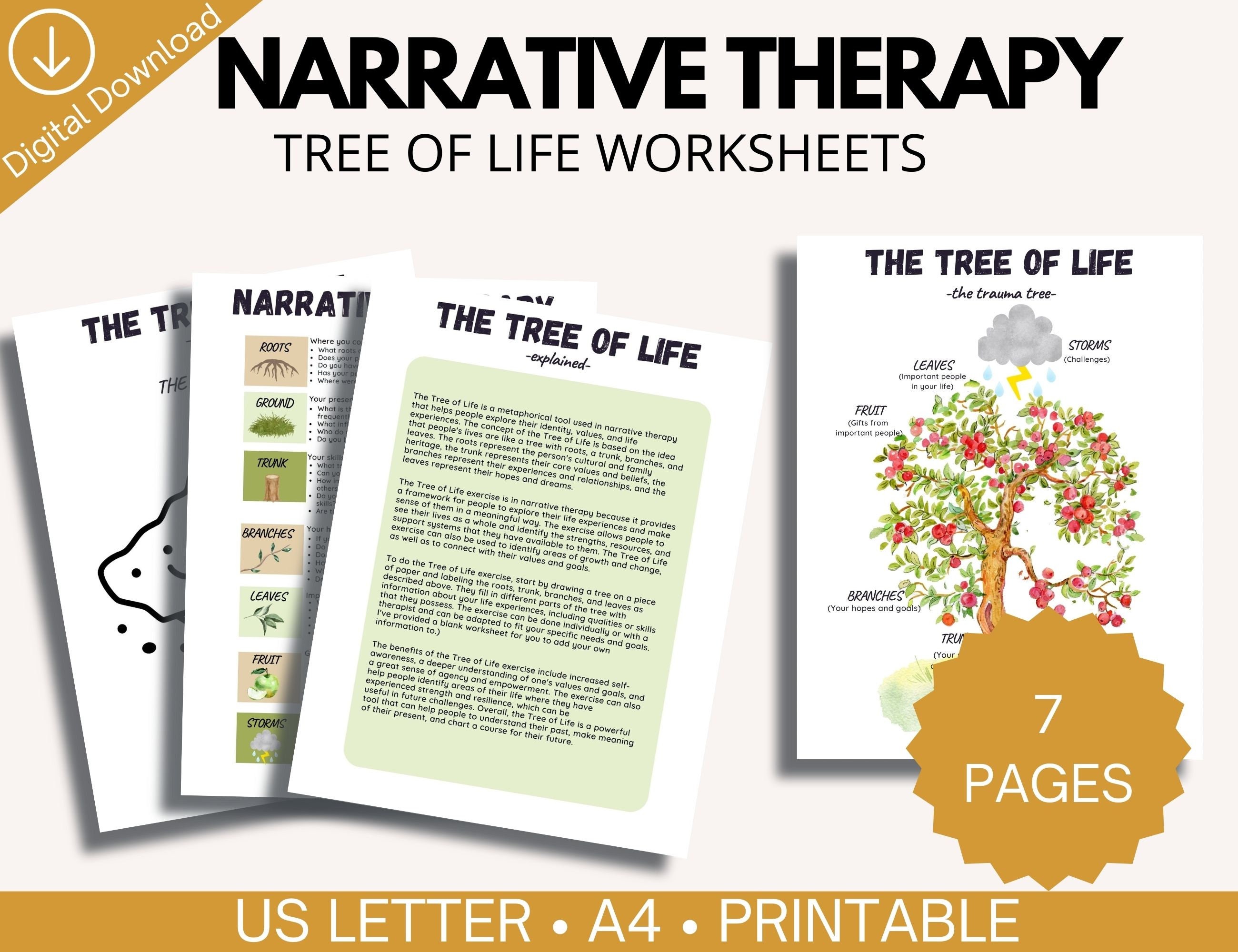 Narrative Therapy Tree of Life for Trauma, Trauma Therapy Worksheets ...