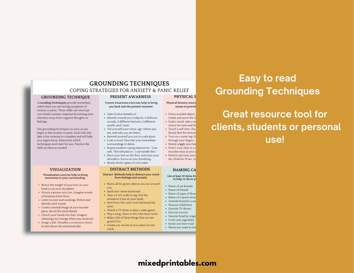 Grounding Techniques Cheat Sheet: Anxiety Coping Skills Cards (digital ...
