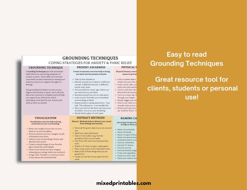 Grounding Techniques Cheat Sheet: Anxiety Coping Skills Cards (digital ...