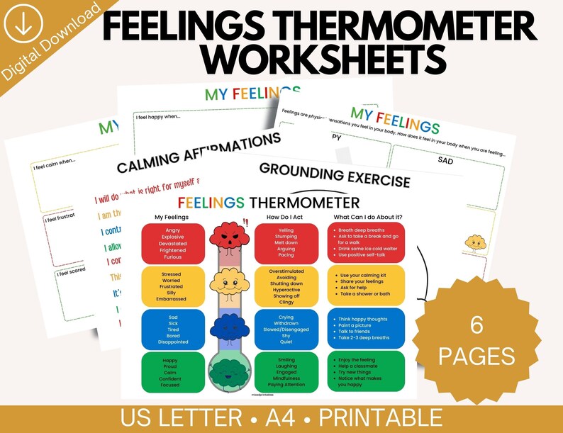 Feelings Chart for Kids, Feelings Thermometer, Emotions Thermometer ...