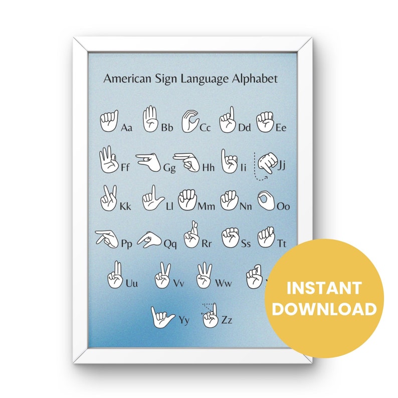 ASL Alphabet Poster Printable | Minimalist Blue Sign Language Wall Art ...