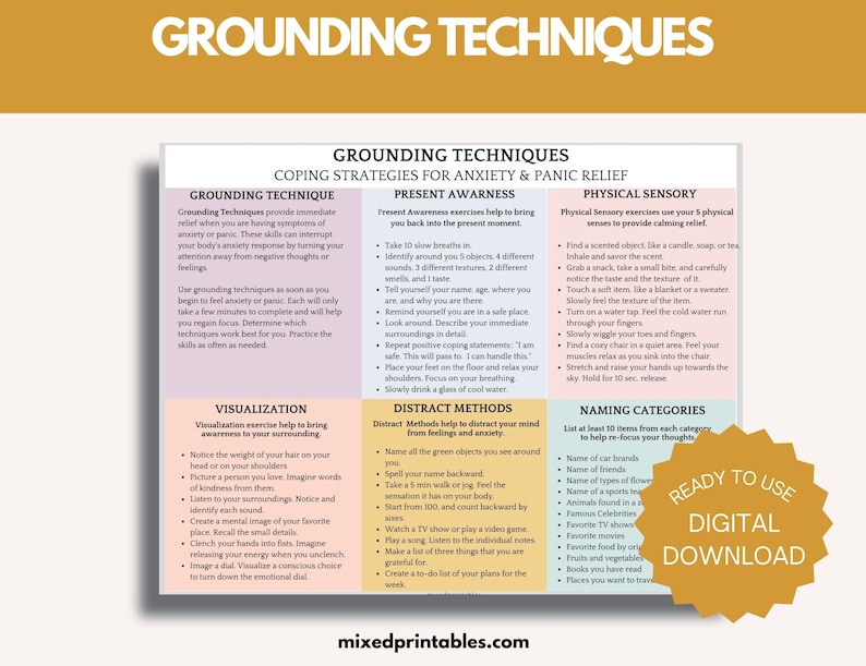 Grounding Techniques Cheat Sheet, Coping Strategies, Anxiety and Panic ...