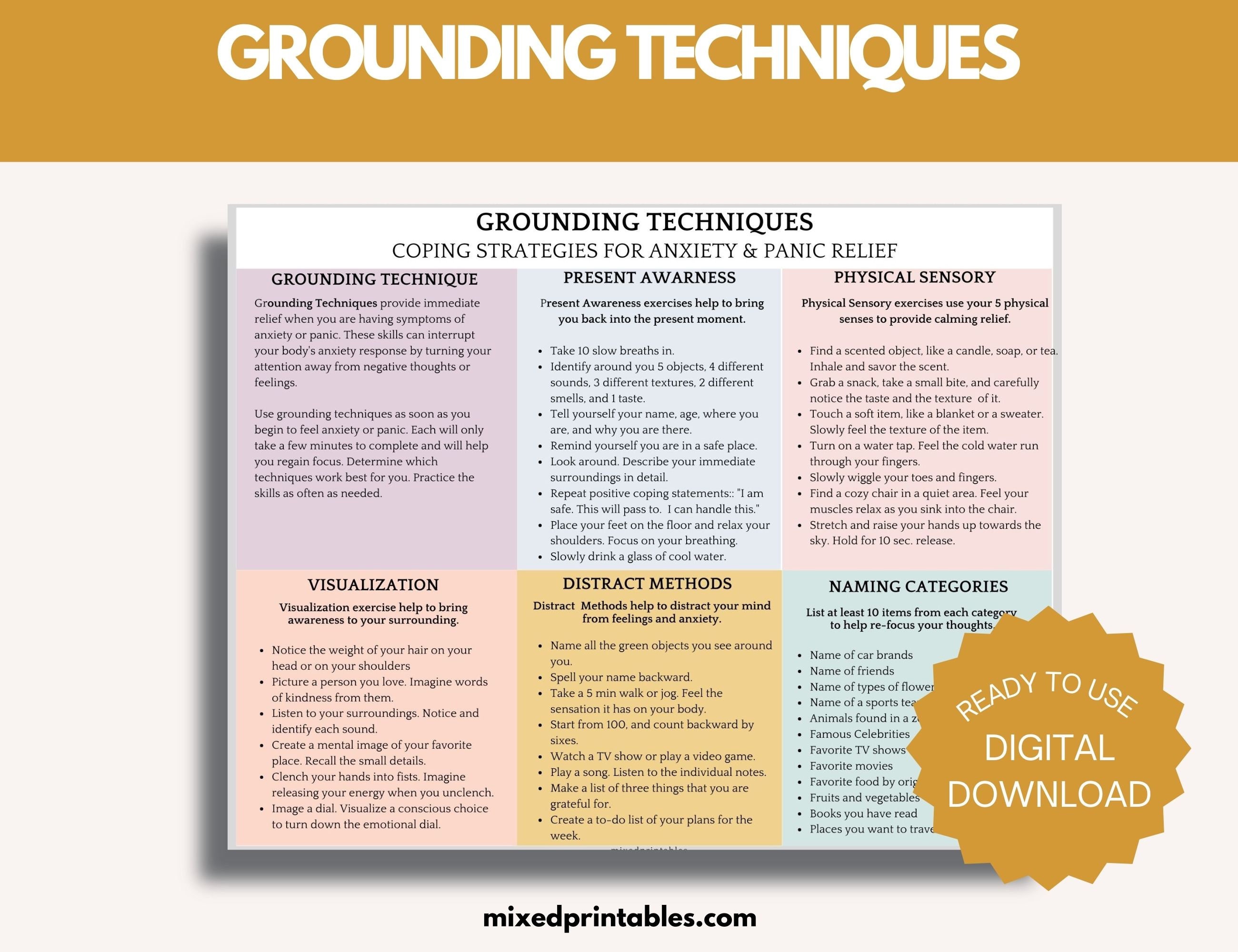 Grounding Techniques Cheat Sheet: Anxiety Coping Skills Cards (digital ...