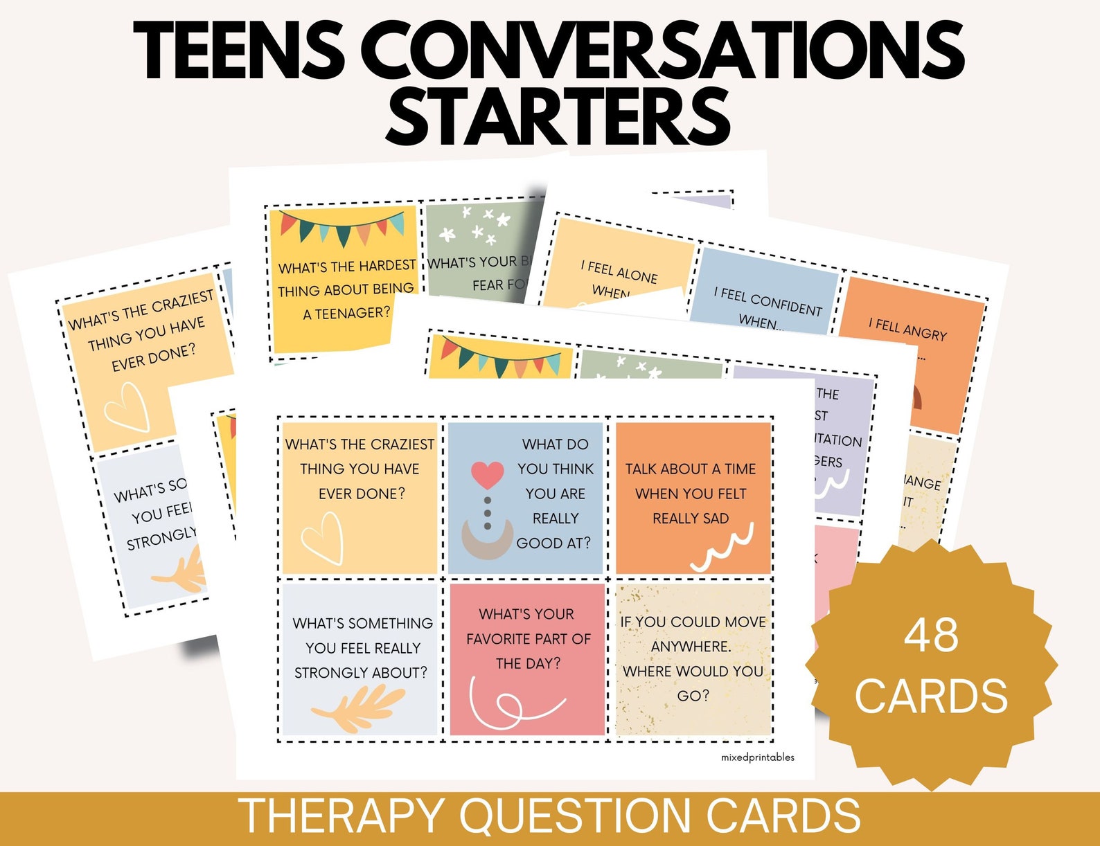 Therapy Question Cards for Teens, Counseling Flash Cards, Conversation ...