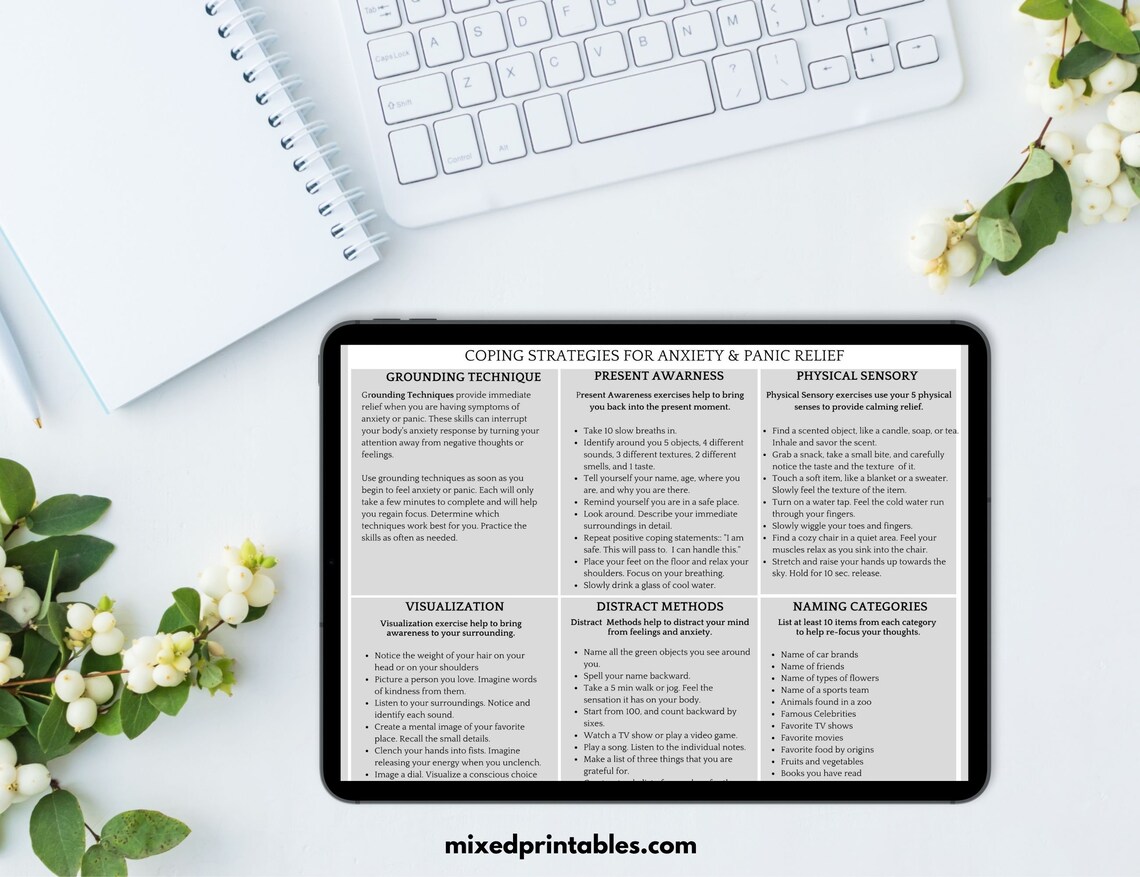 Grounding Techniques Cheat Sheet: Anxiety Coping Skills Cards (digital ...