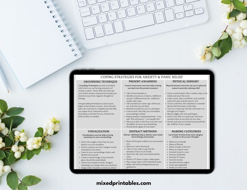 Grounding Techniques Cheat Sheet: Anxiety Coping Skills Cards (digital ...