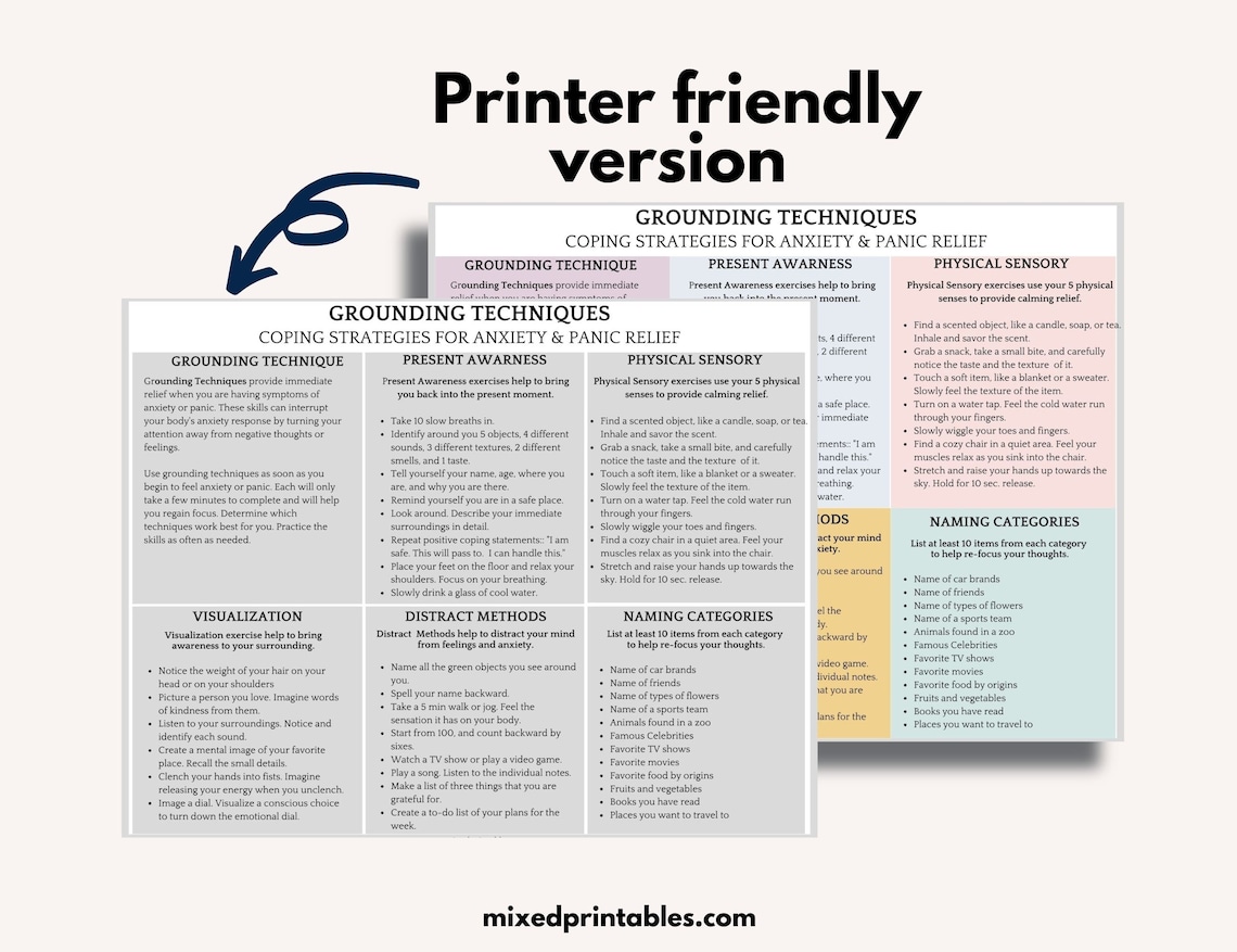 Grounding Techniques Cheat Sheet: Anxiety Coping Skills Cards (digital ...
