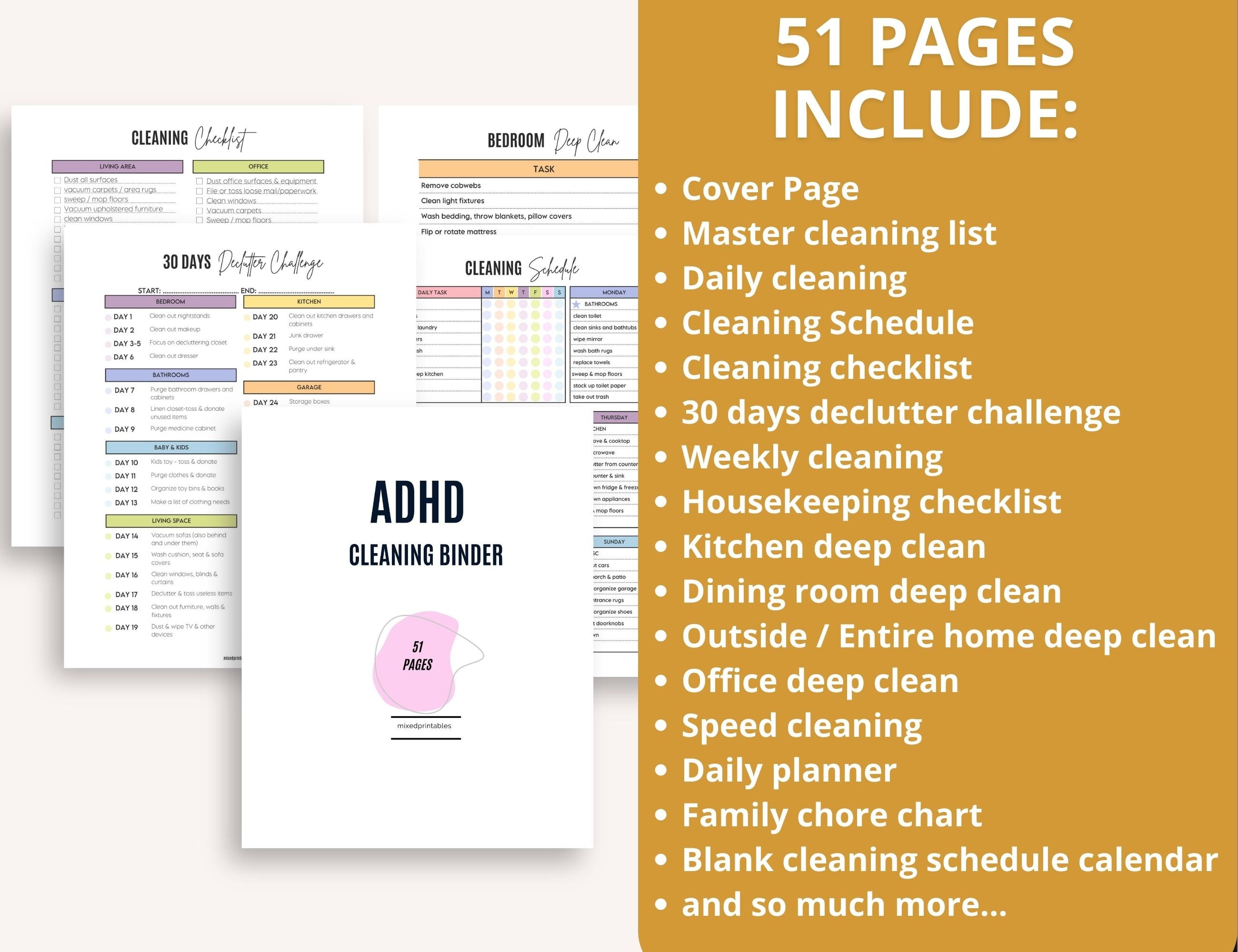 ADHD Cleaning Planner, Printable Checklist Schedule Weekly Chore ...