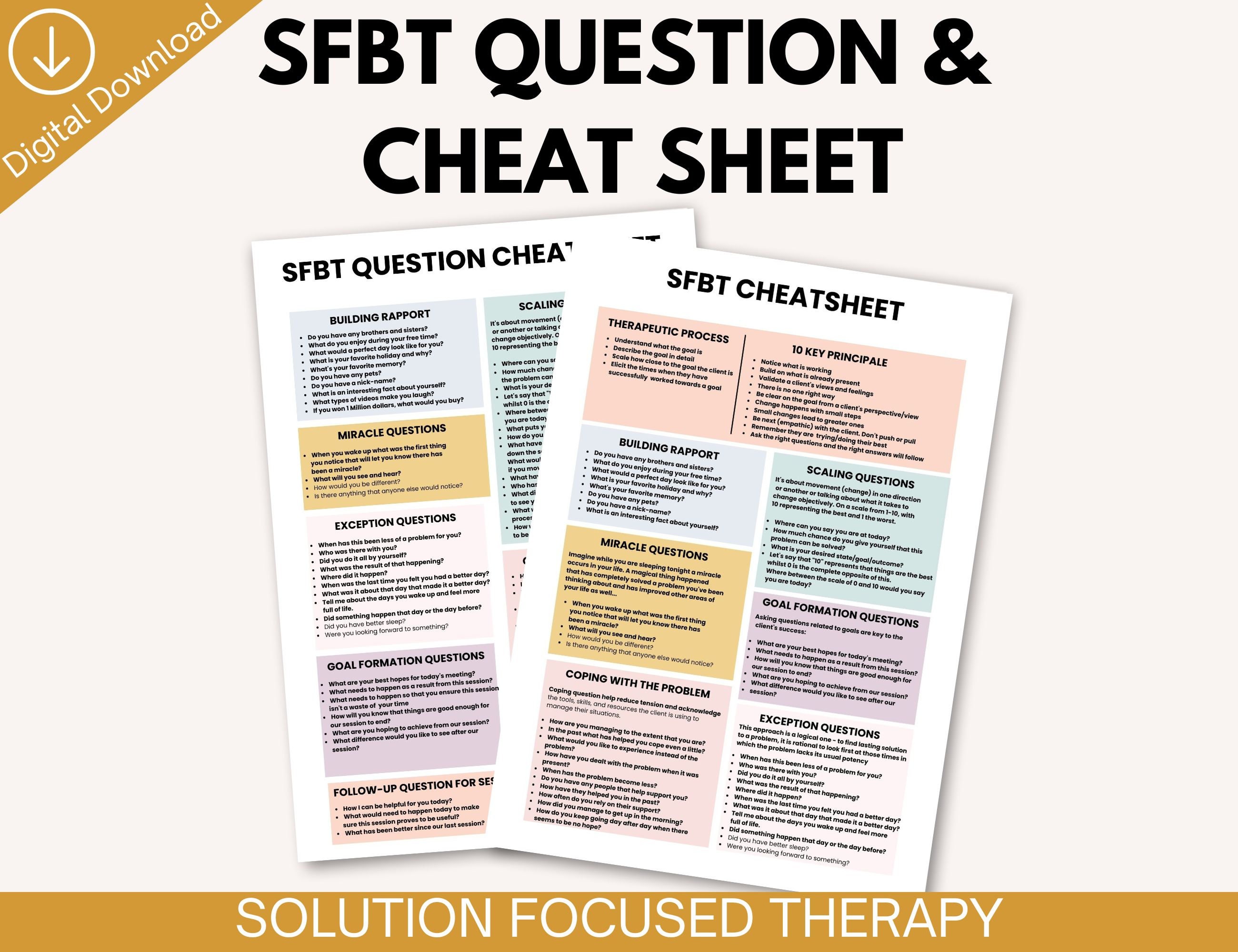 Solution Focused Therapy Questions Cheat Sheet SFBT Worksheet - Etsy