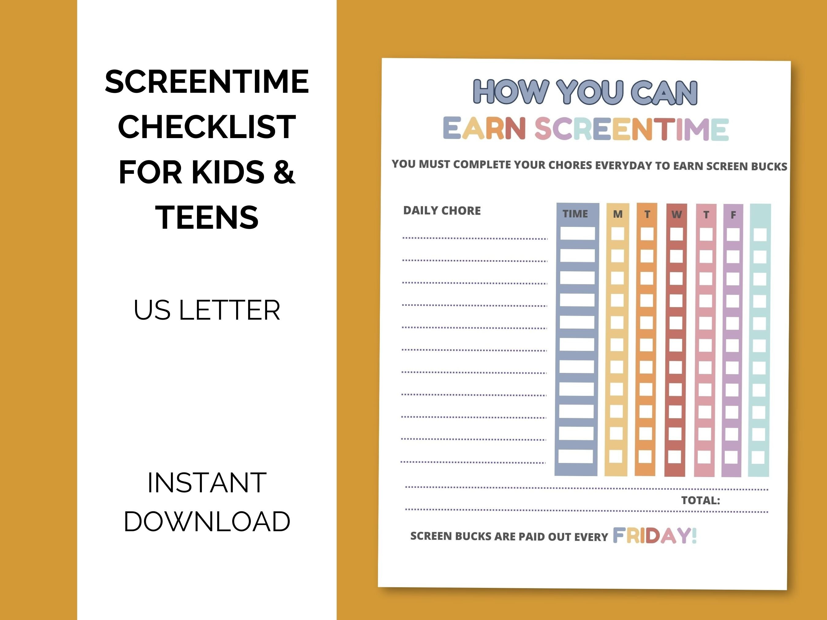 Screen Time Checklist How to Earn Screen Time Chart Daily - Etsy