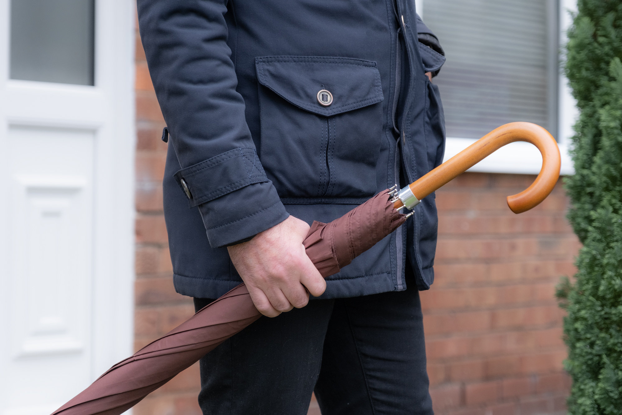 Large Crook / Curve J Handle Umbrella Luxury Real Wood Auto Open Anti ...