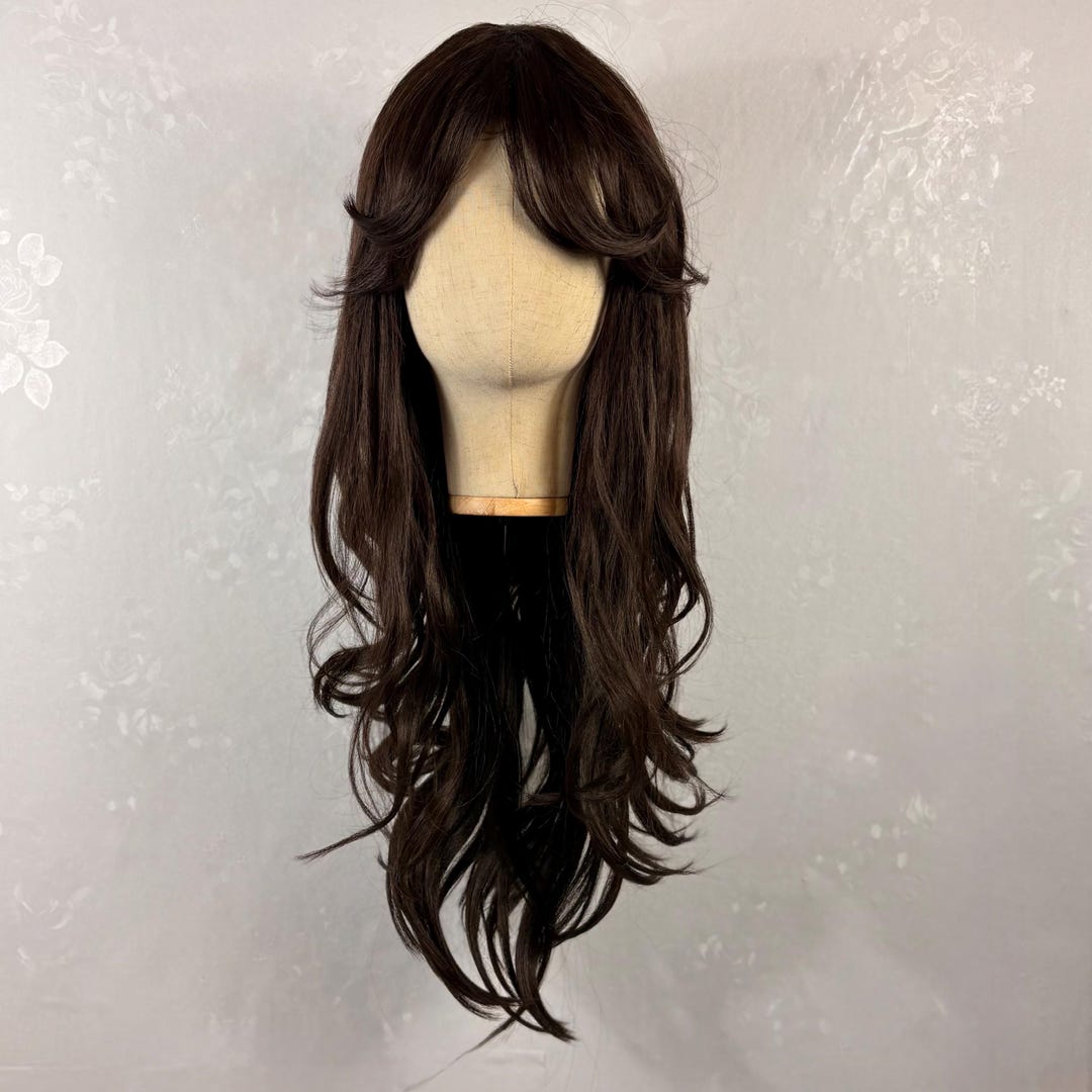 Daily WIG! Long Wavy Brown Human Hair Blend Wig With Bangs, Natural ...