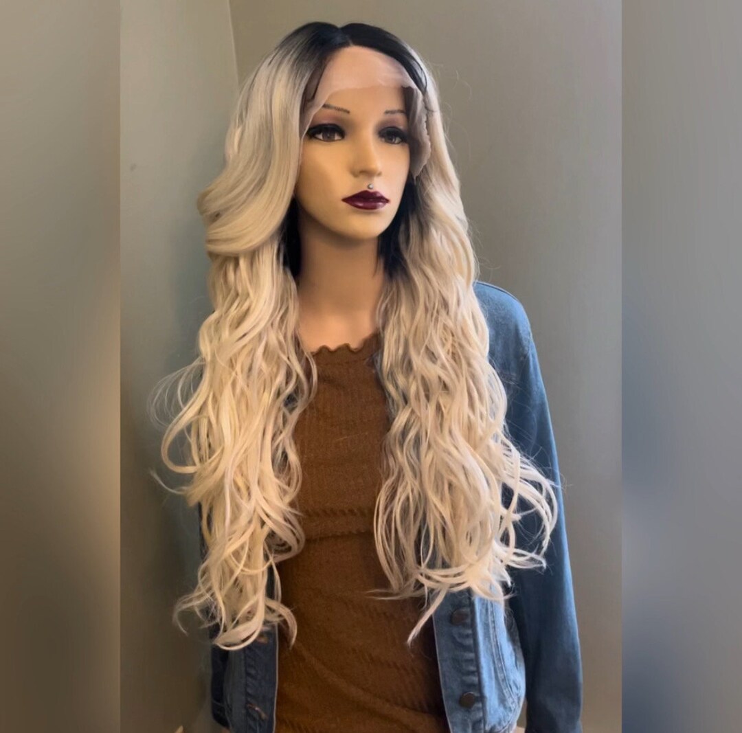Wavy Black Roots Yo Pearl Blonde Human Hair Blend, Lace Front Daily Wig ...