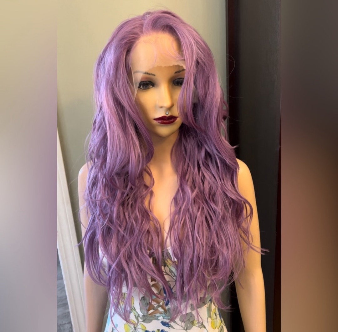 Long Wavy Daily Wig. Ash Lilac Human Hair Blend, Lace Front Free ...