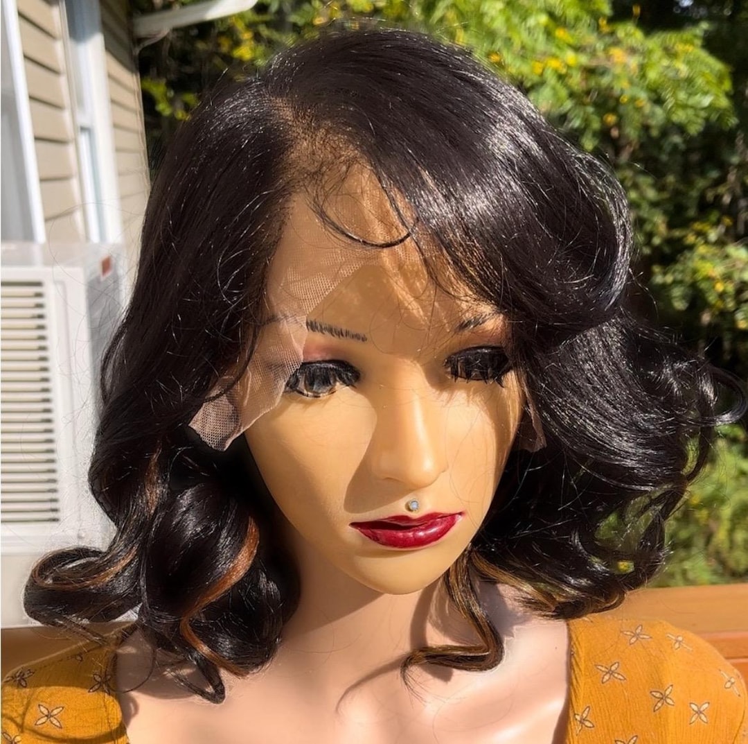 Daily Wear WIG! Short Classy Curly Black Human Hair Blend With Light ...