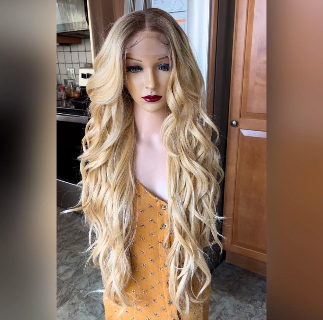 Daily WIG! Super Long Wavy Ombre Golden Blonde Human Hair Blend Lace ...