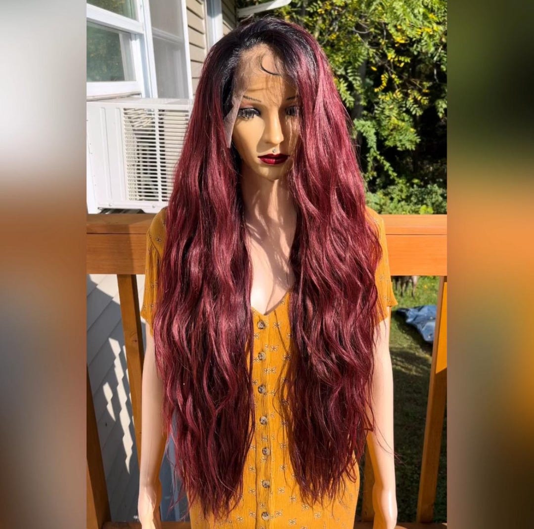 Daily WIG! Long Wavy Wine Red Ombre Human Hair Blend Lace Front - Etsy