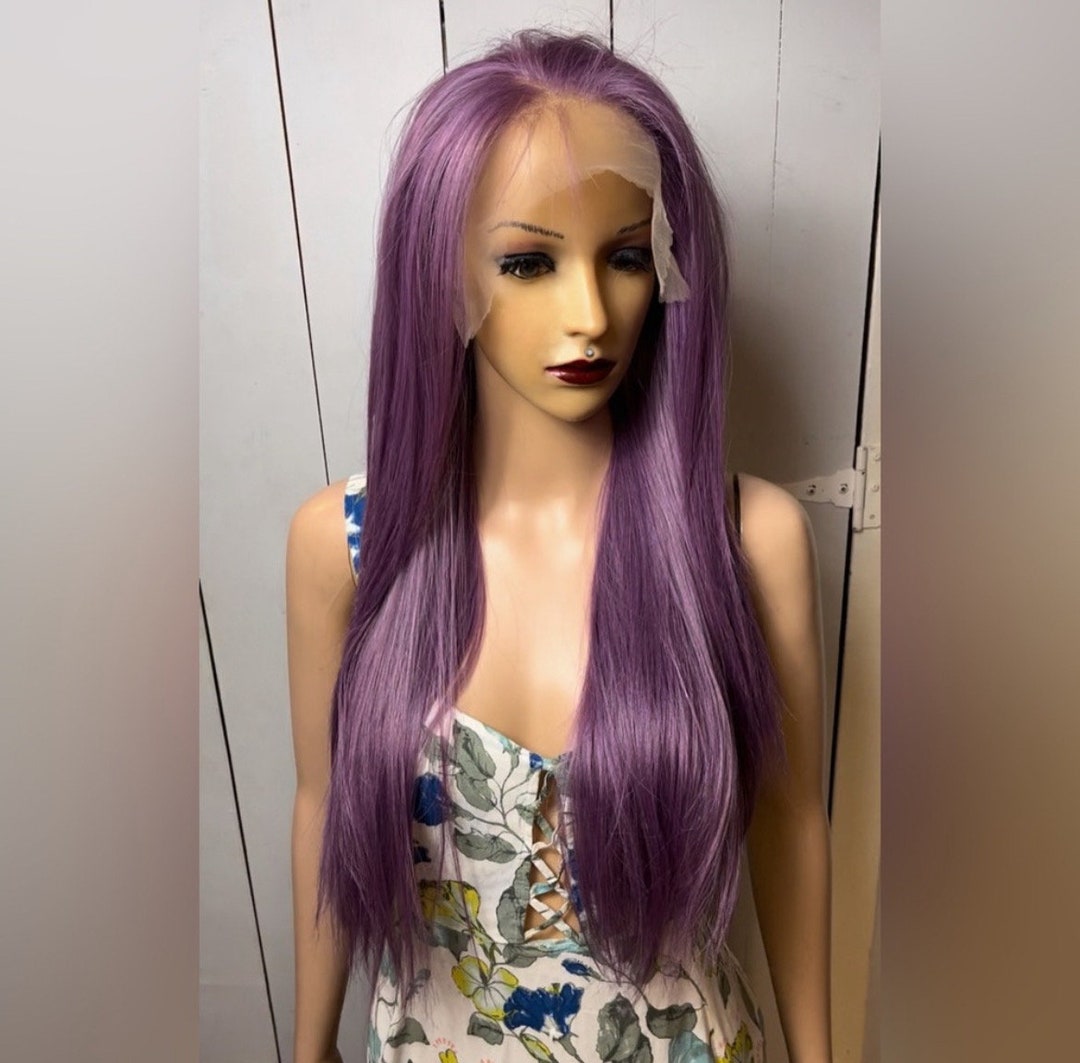 Long Straight Daily Wig. Ash Lilac Human Hair Blend, Lace Front Free ...