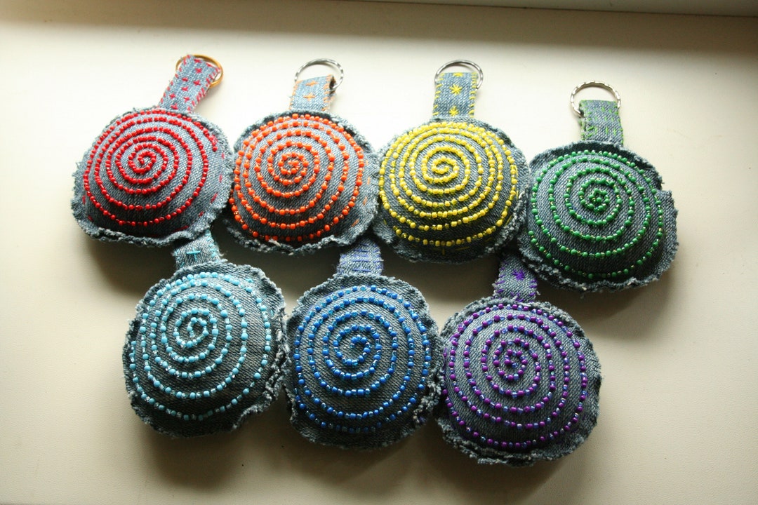 Free Shipping Sashiko Upcycle Denim Keyring time Spiral, Bead ...