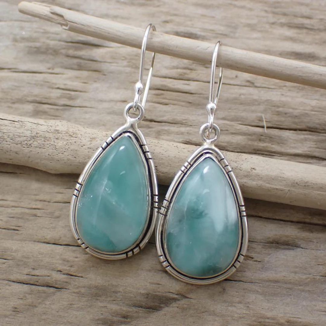 Hemimorphite Earrings Sterling Silver, Blue Green Teardrop Gemstone ...