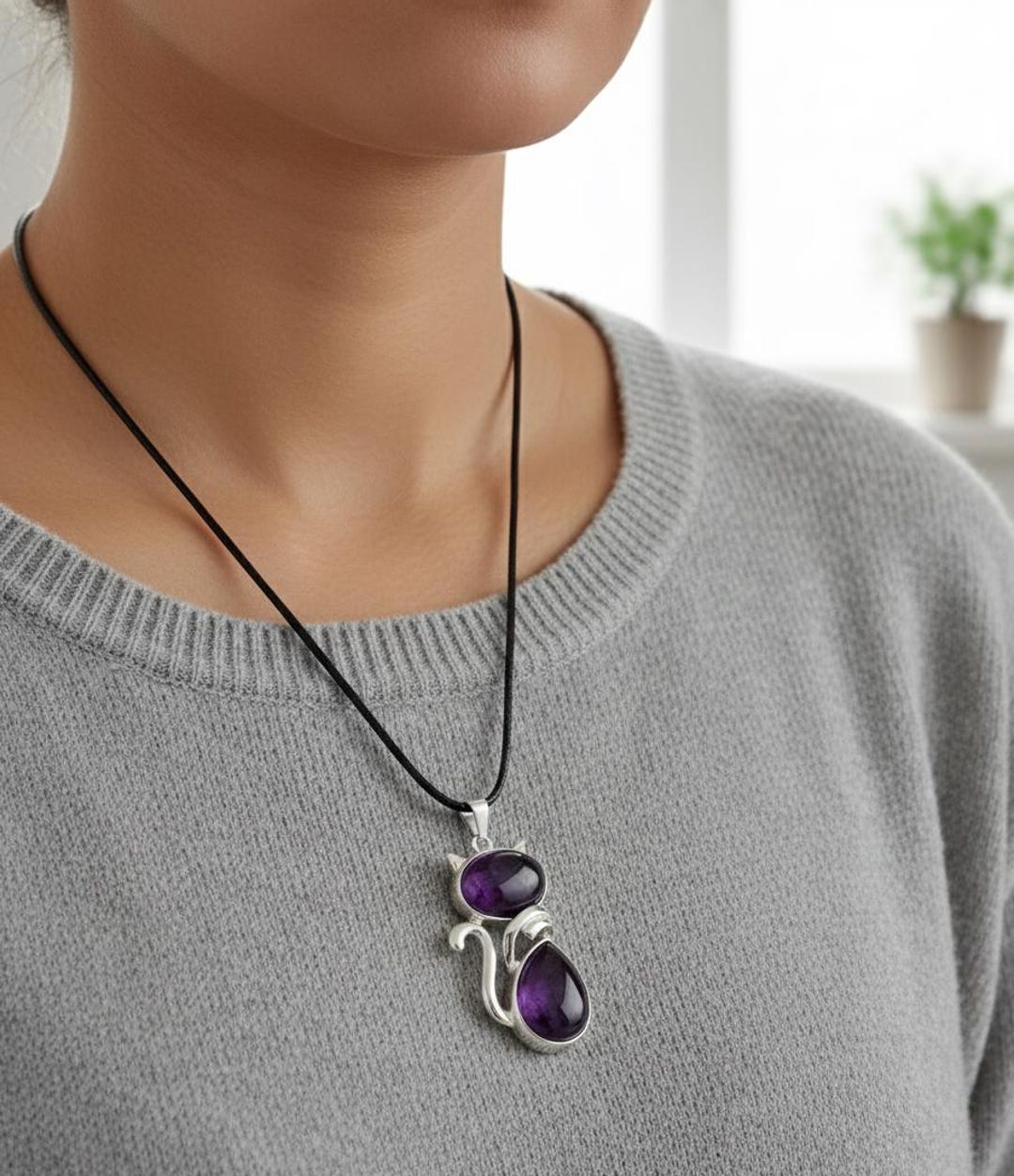 Silver Cat Pendant Necklace | Natural Gemstone Charm | Moonstone ...
