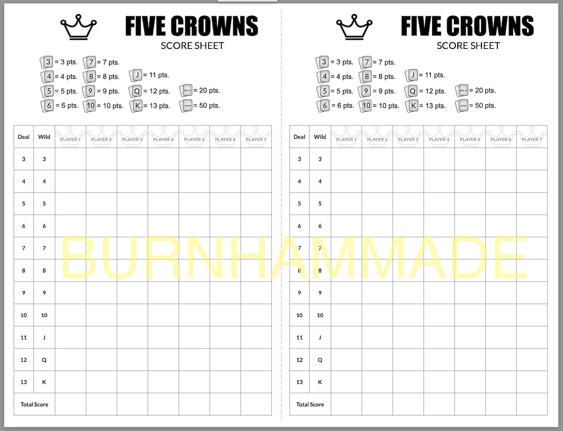 5 Crowns Game Score Sheet - Full Page - Etsy