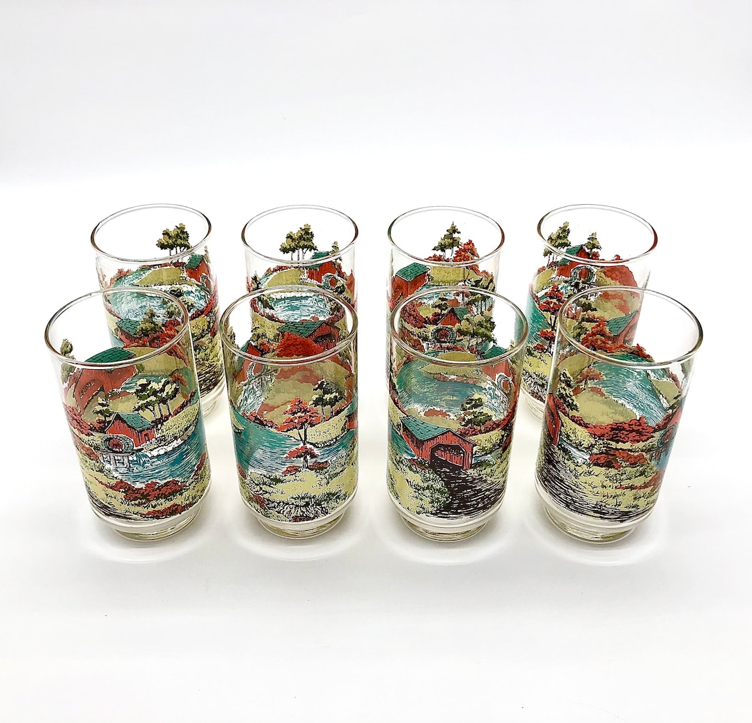 Libbey Water Tumblers Set Of 8 Covered Bridge And Mill Country Scenery Colorful Vintage Glasses