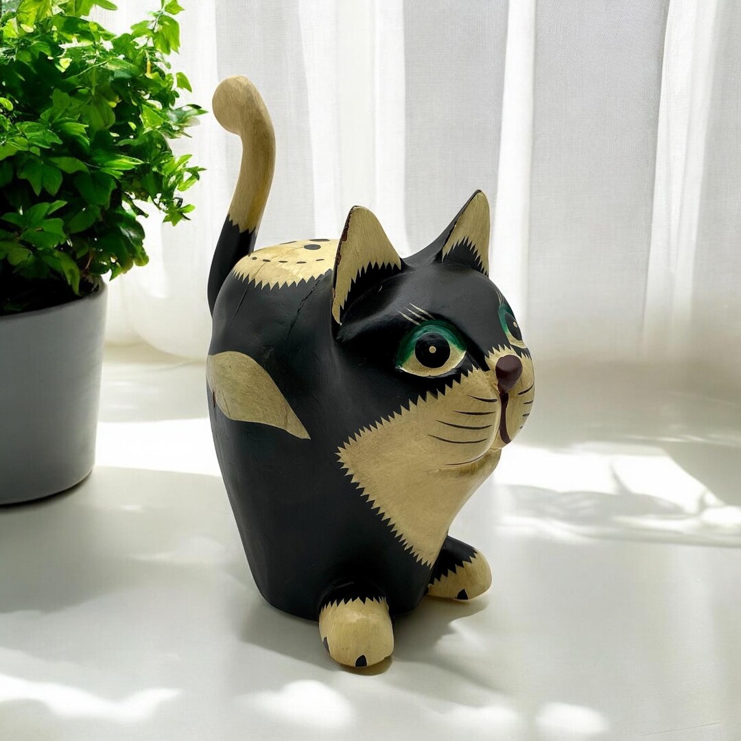 Vintage Folk Art Wooden Cat Statue Large Patch Quilt Kitty Pier 1 ...