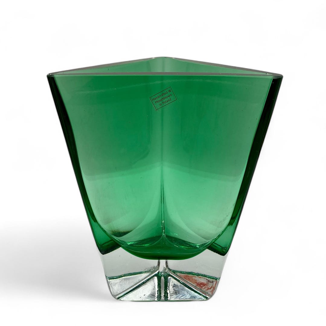 KROSNO Poland Emerald Green Hand Blown Glass Triangular Vase Vintage ...