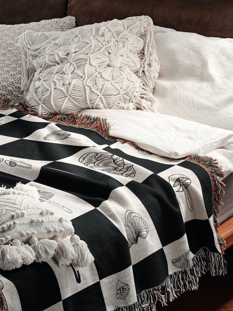 Mushroom Blanket Black and White Checkered Blanket Woven Blanket Cotton ...