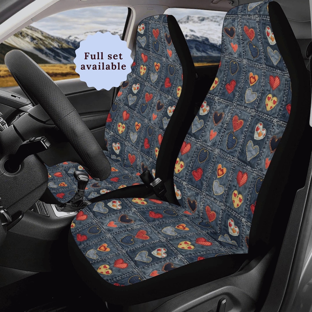Denim Effect Patchwork Car Seat Cover Heart Steering Wheel Cover Cute ...