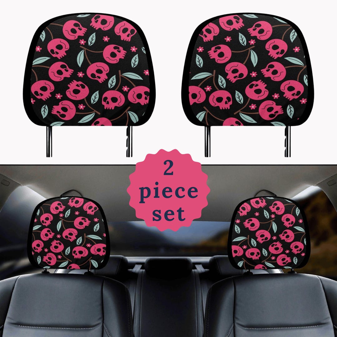 Pink Cherry Skull Car Headrest Dark Coquette Car Head Rest Covers Car ...