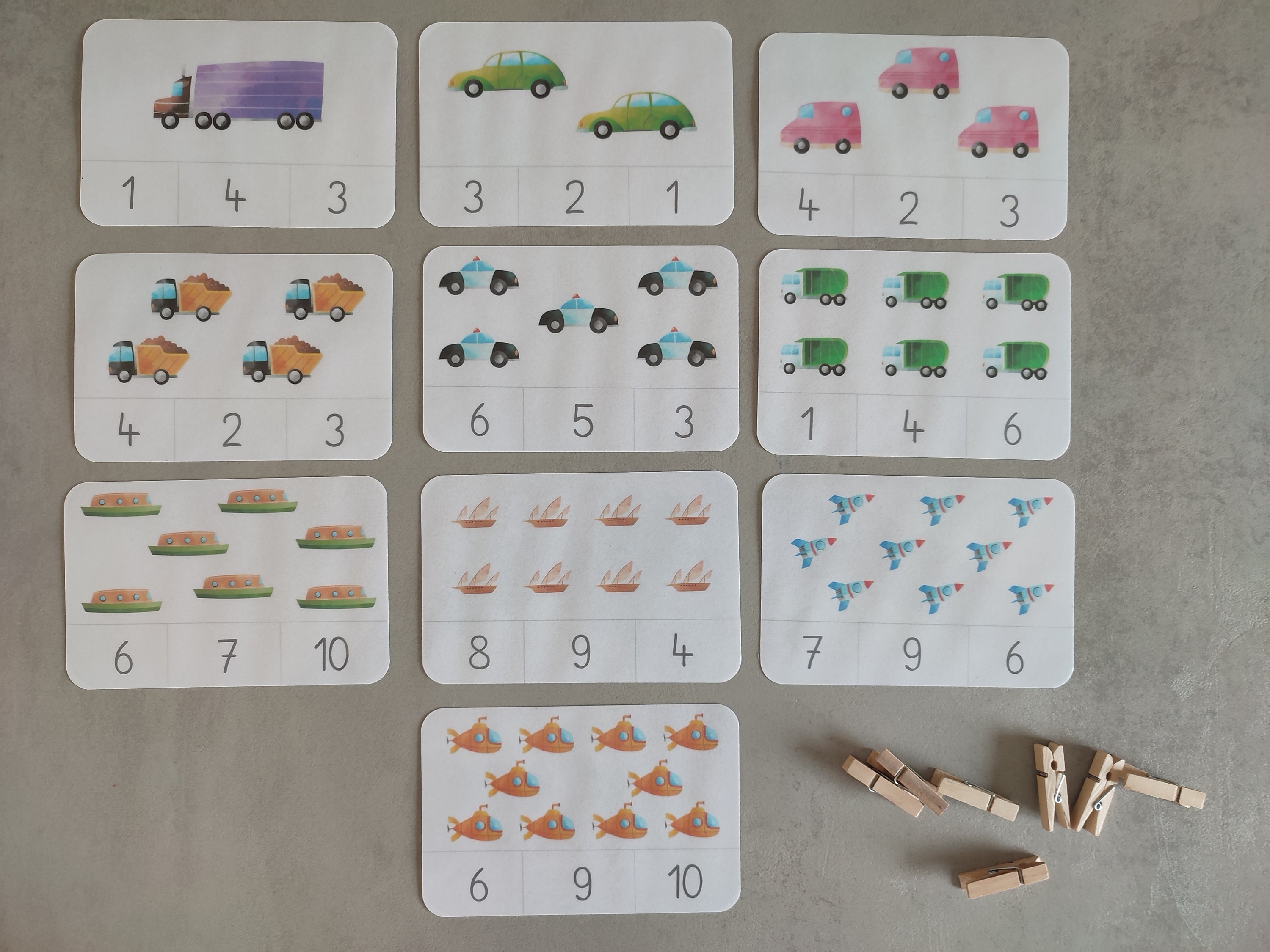 Learning Numbers 1-10 Clip Cards Vehicles, Learning Cards 1-10 ...