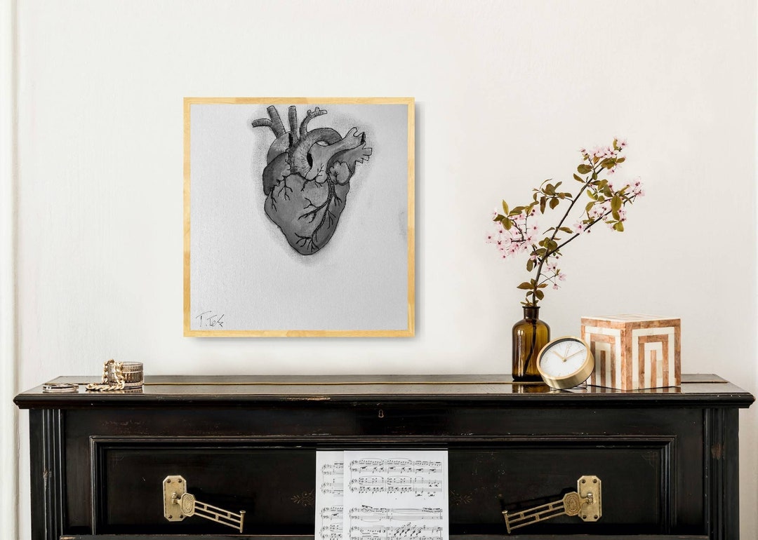 Anatomical Heart / Charcoal and Ink Sketch on Canvas/ Heart Drawing ...