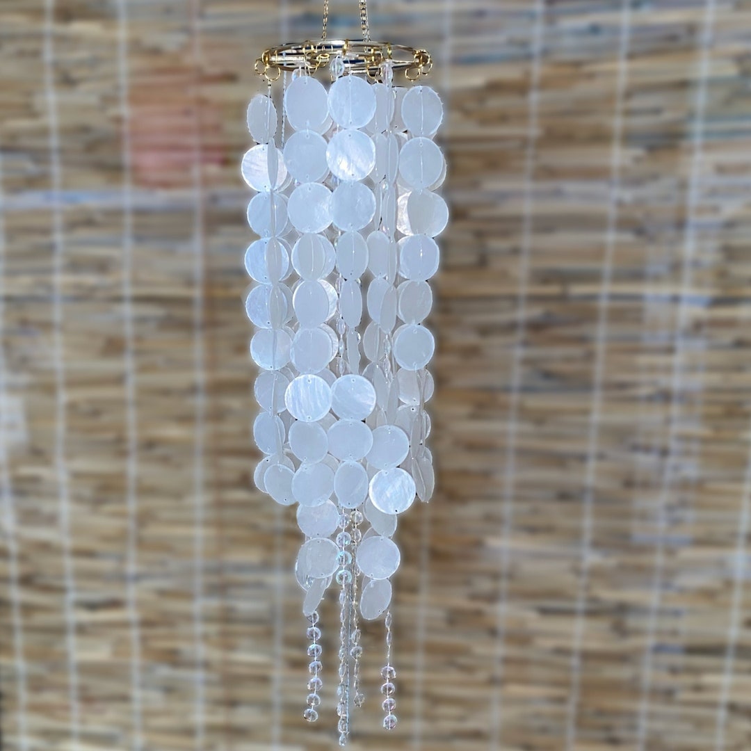 White Round Capiz Shell Wind Chime | Beach House Decor | Handmade Capiz ...