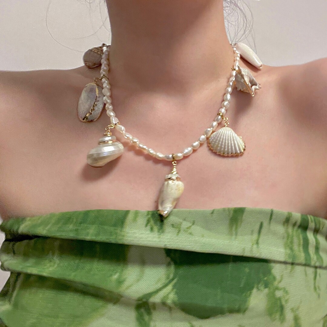 Handmade Pearl and White Seashell Necklace, Natural Freshwater Pearl ...