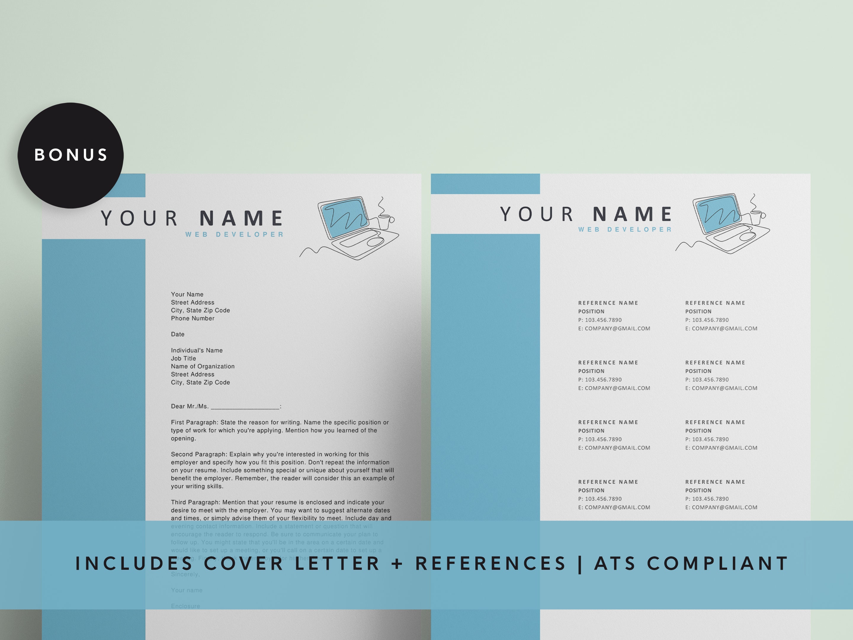Web Developer Resume + Cover Letter & Reference Page ATS Compliant - Etsy
