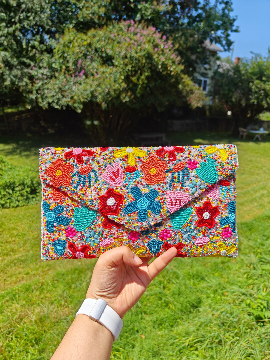 Double Side Beaded, Colorful Beaded Clutch, Pink Beaded Bag, Beaded ...