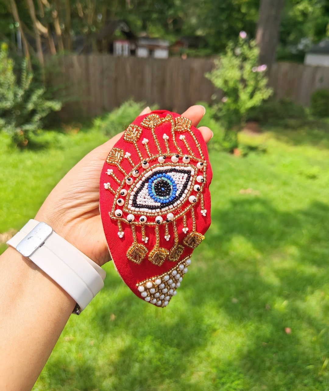 Evil Eye Headband, Beaded Headband, Red Embroidered Head Band, Hair ...