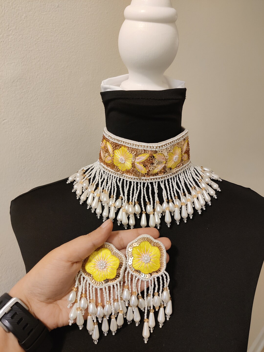 Yellow Beaded Choker Set, Beaded Choker Set, Statement Choker, Yellow ...