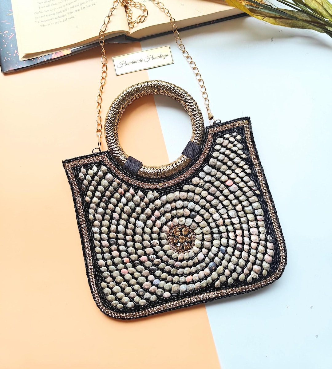 Sea Shells Embroidered Beaded Bag, Black Crossbody Handbag, Metal ...