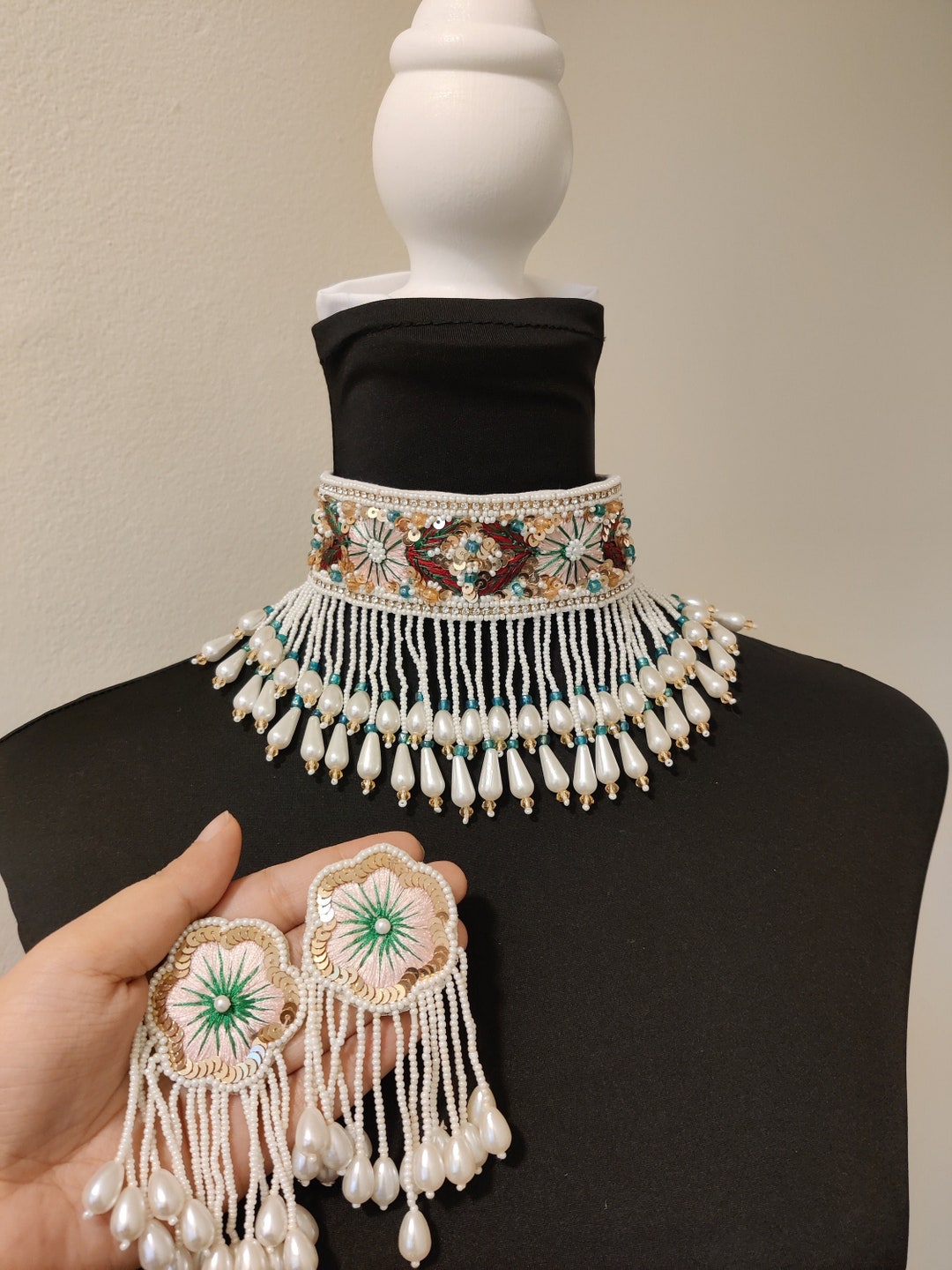 Beaded Choker Set, Pearls Choker/earrings Set, Statement Choker, Pink ...