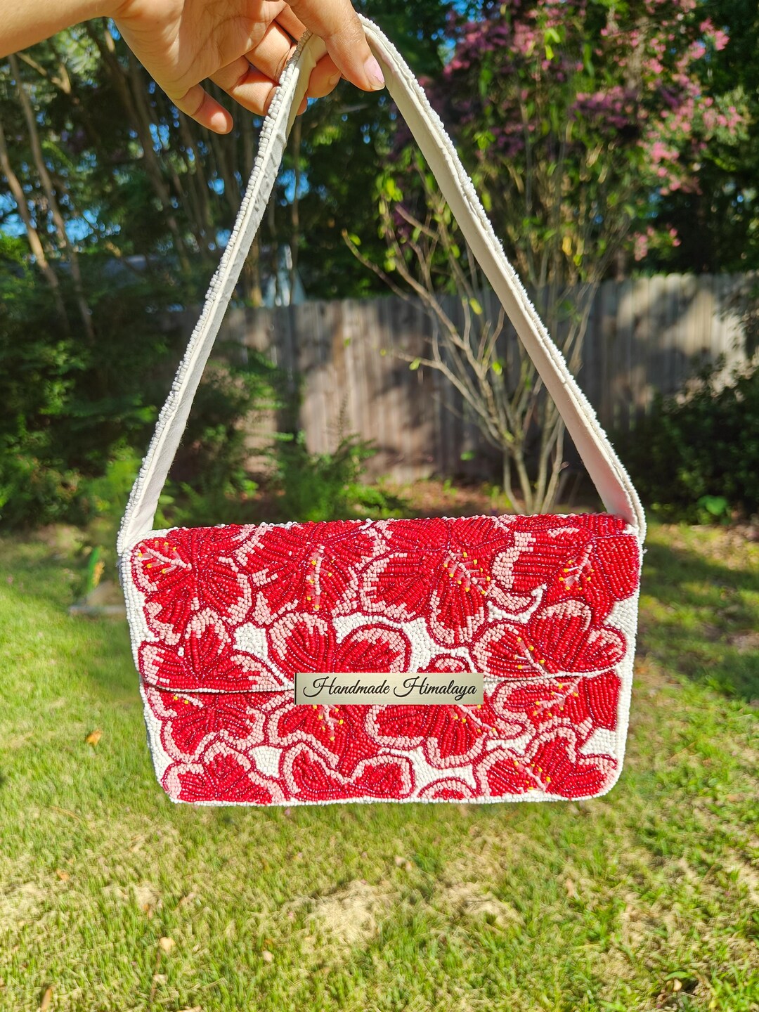 Red Hibiscus Bag, Beaded Bag, Beaded Shoulder Bag, Handmade Himalaya ...