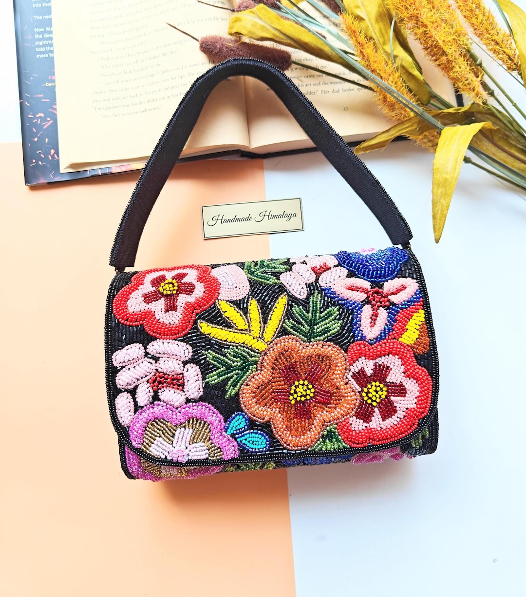 Flower Beaded Bag, Black Colorful Embroidered Purse, Boho Statement ...